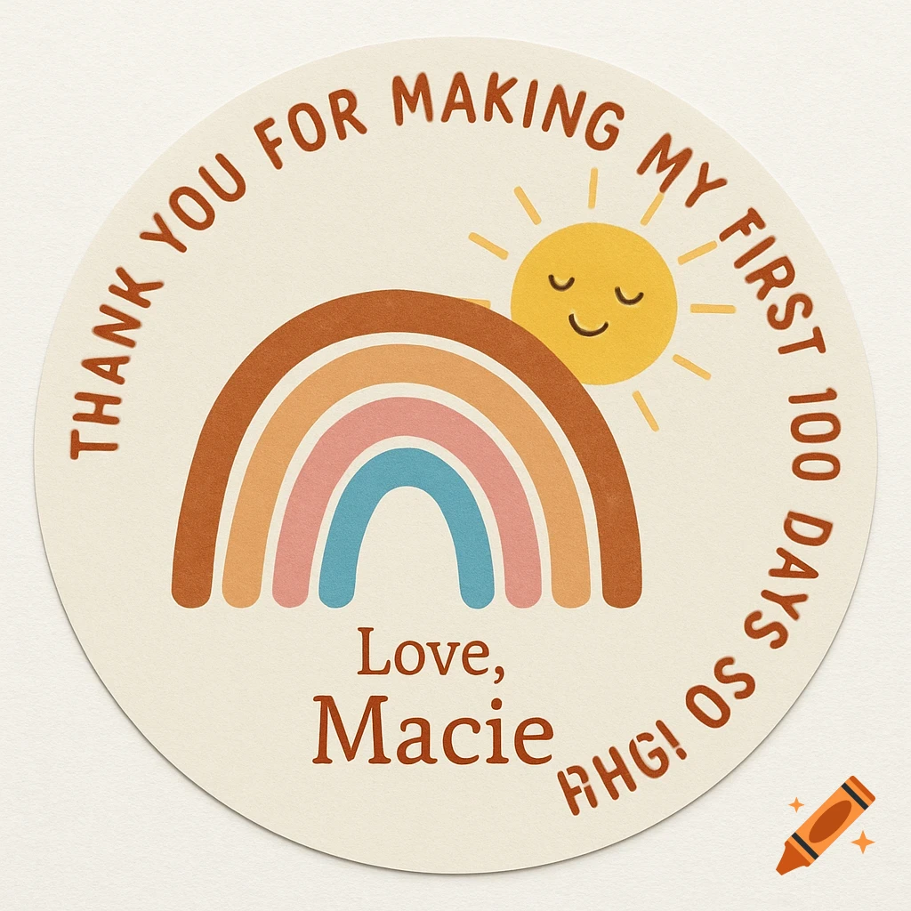 A round sticker design with a rainbow and a smiling sun. Text around ...