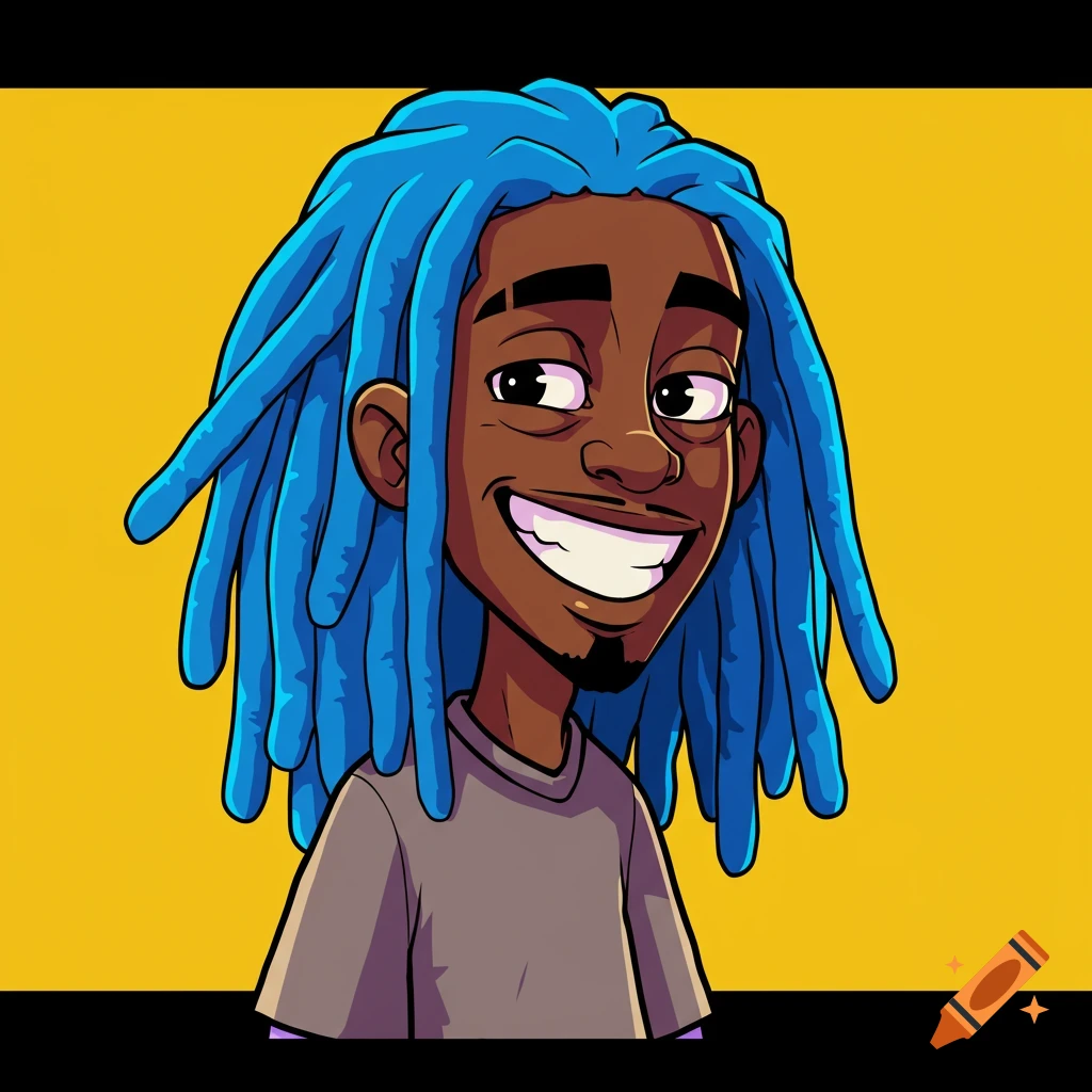 Cartoon portrait of a smiling Black person with blue dreadlocks. on Craiyon