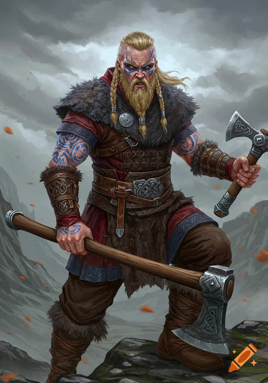 Illustration of a powerful Viking warrior with axes and tattoos ...