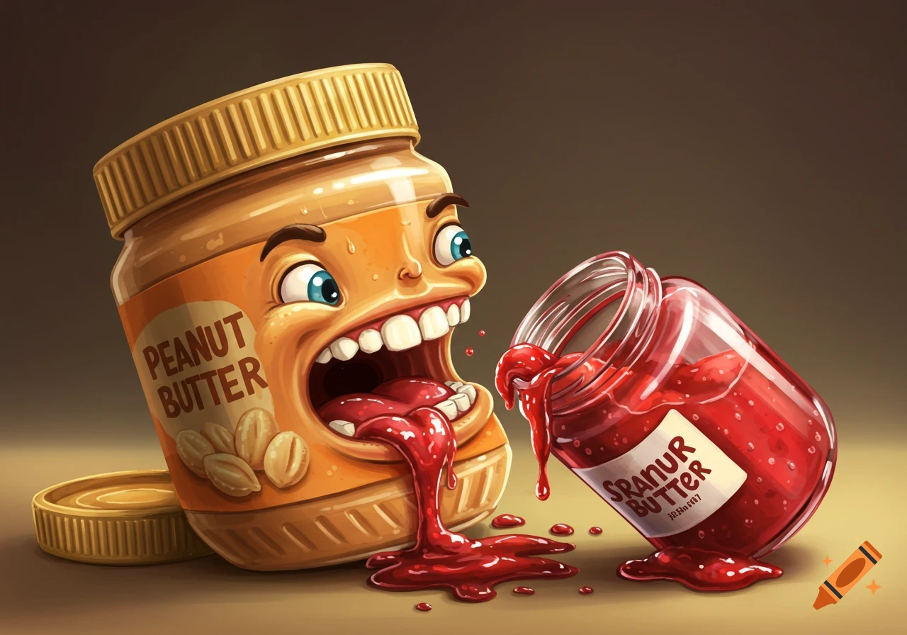 Cartoon peanut butter jar with face eating jam from a jar, spilling ...