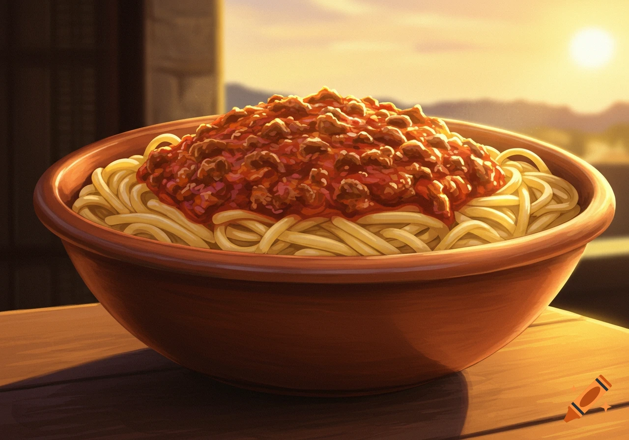 A large bowl of spaghetti with meat sauce on a table at sunset ...