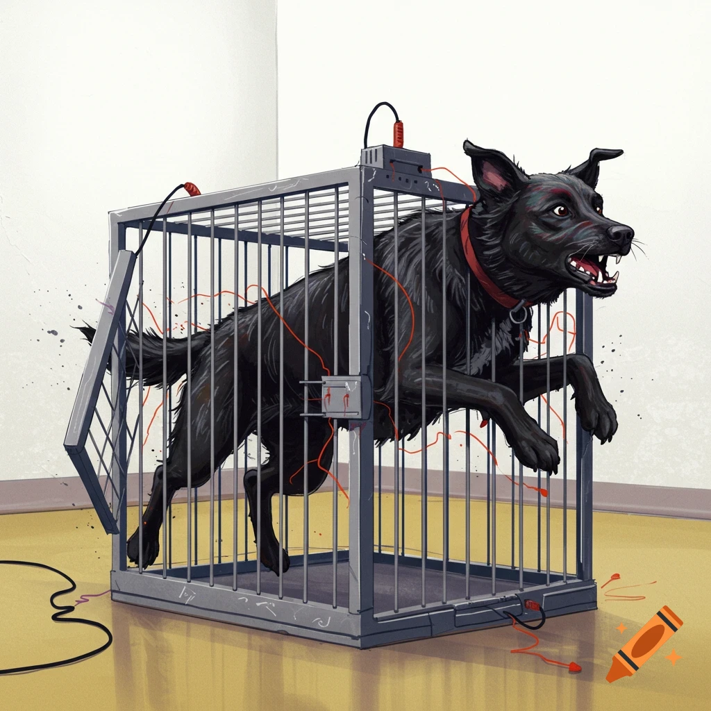 Illustration of a distressed black dog escaping a metal cage with wires ...