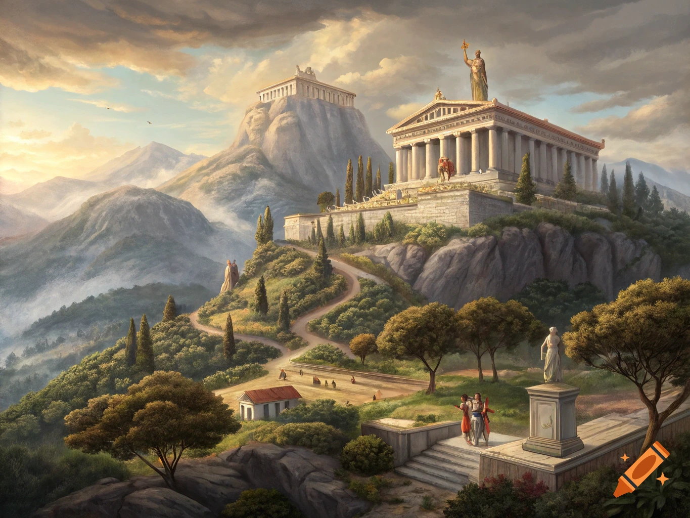 A painting of classical temples atop rocky mountains with figures and ...