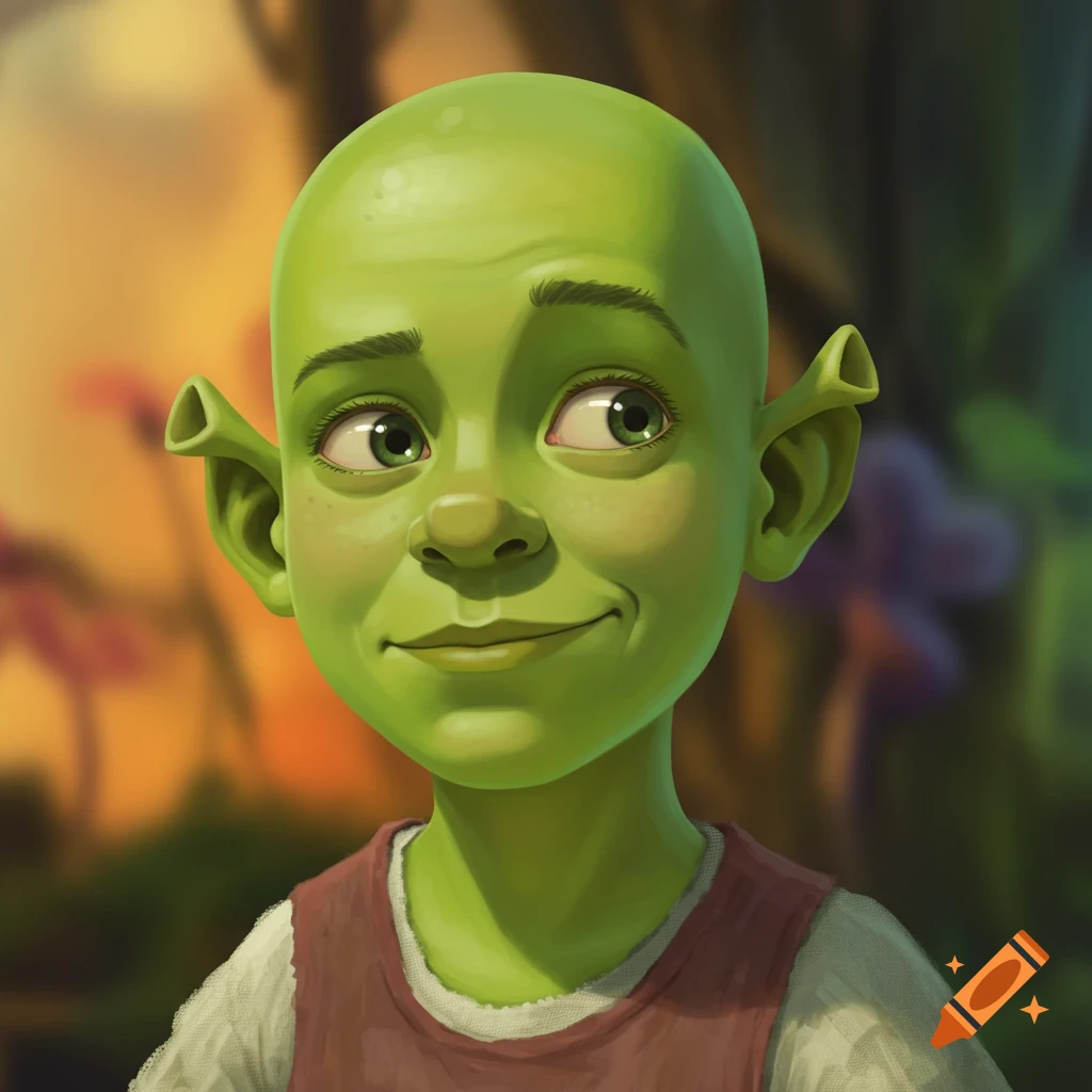 A bald, young, green character resembling Shrek smiles. on Craiyon