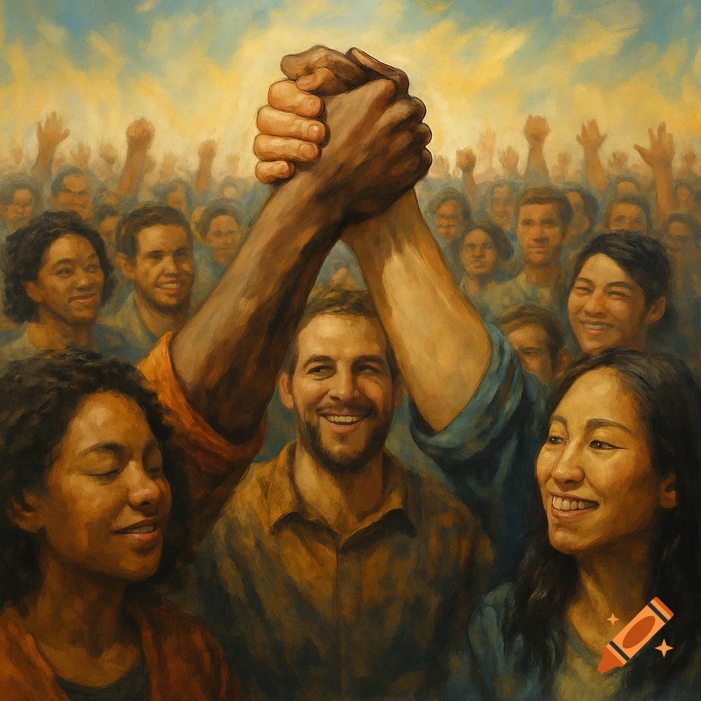 Painterly image of a diverse crowd with two people clasping hands high ...