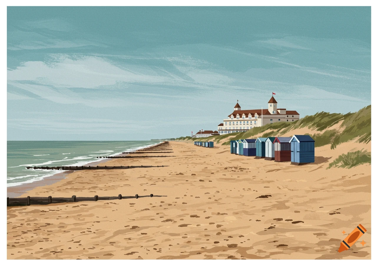 Graphic art of a beach with a hotel, beach huts, and groynes along the ...