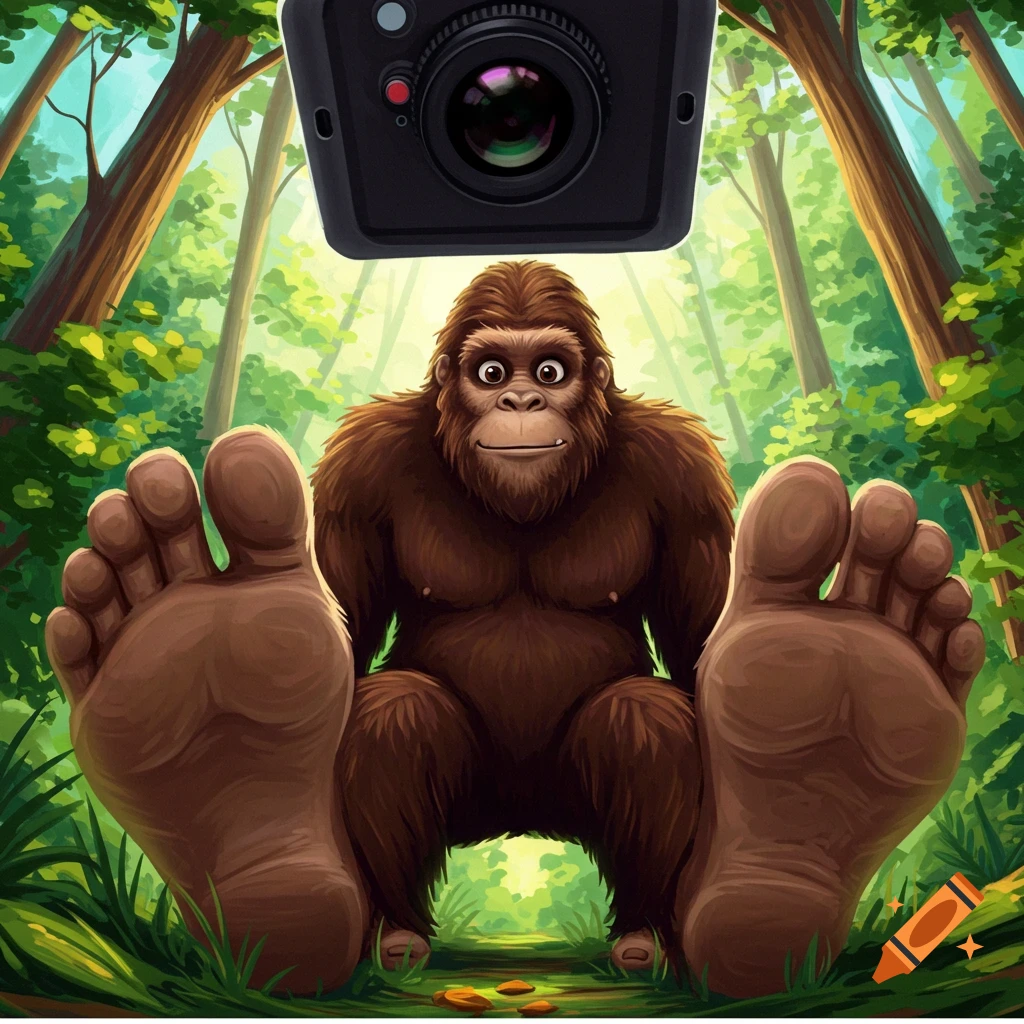 Illustration of Bigfoot sitting in a forest with his large feet close ...