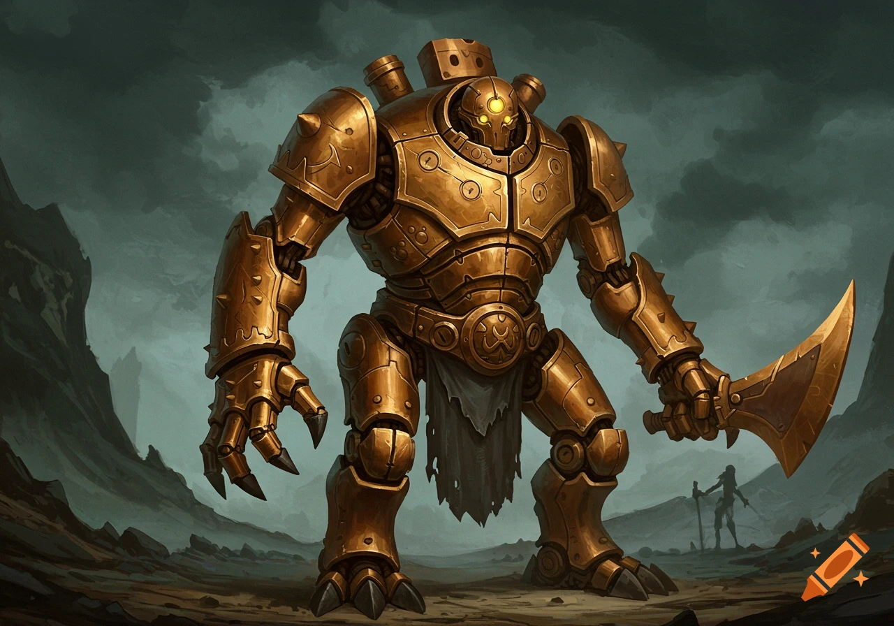 A giant golden mechanical war machine stands in a rocky, desolate ...