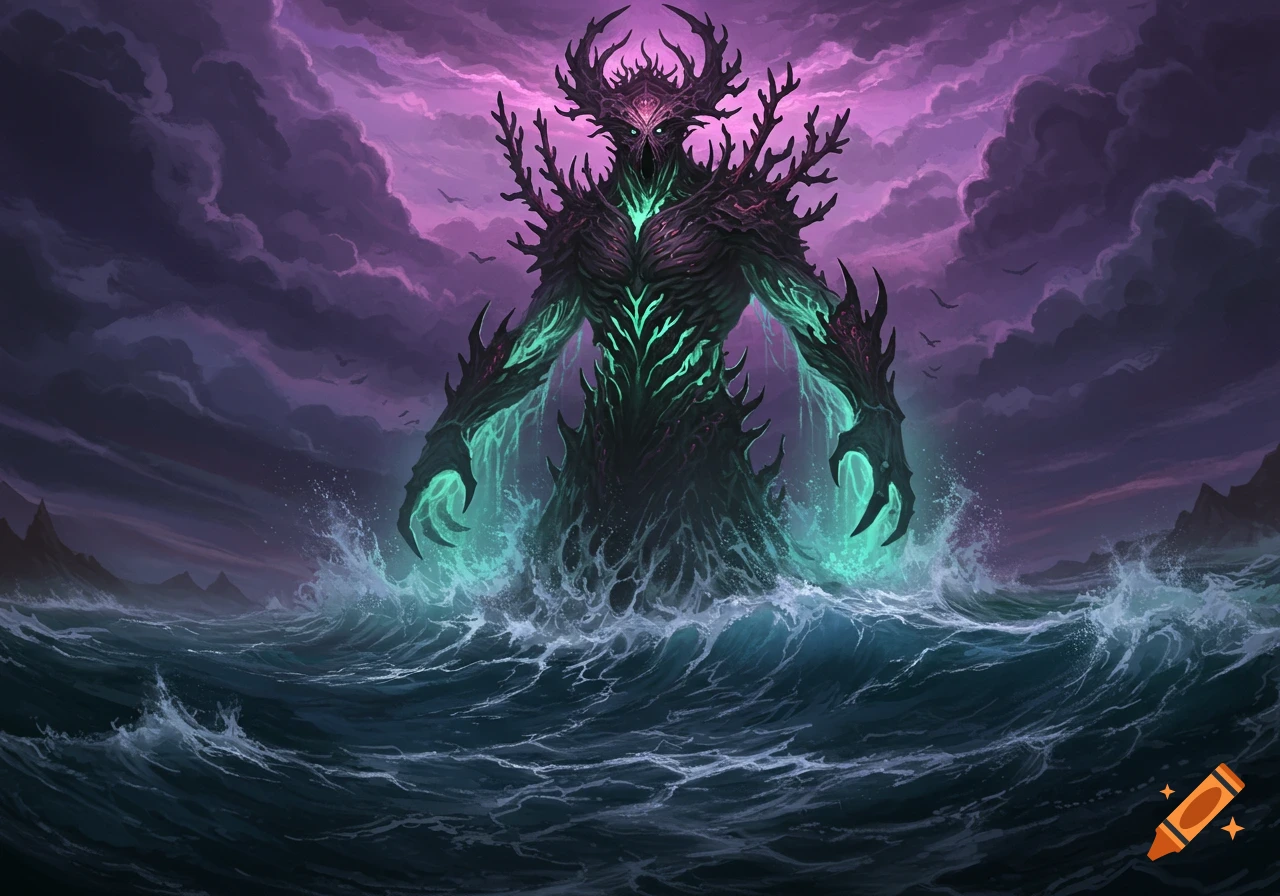 Dark fantasy art of an eldritch elemental creature with glowing green ...