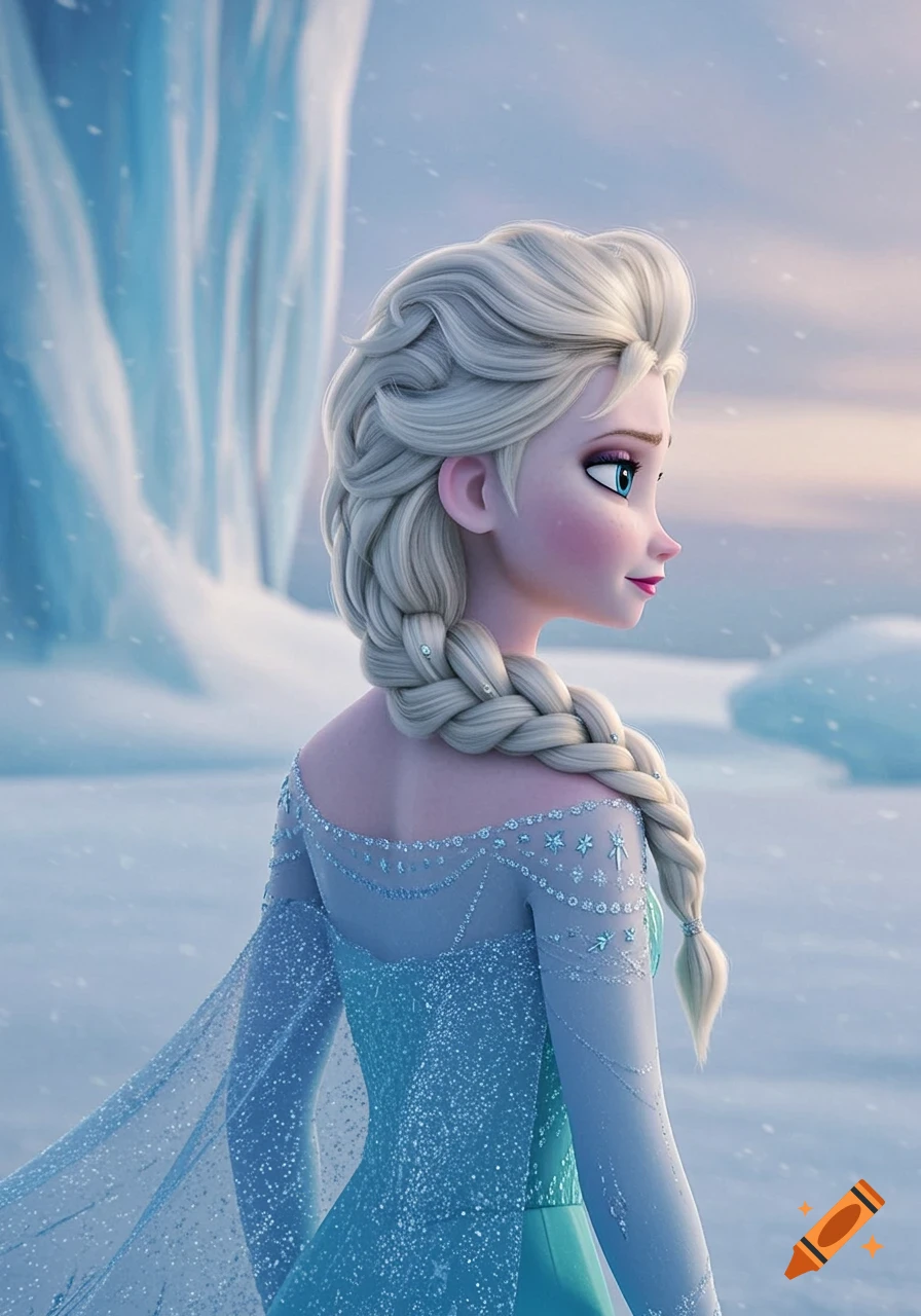Elsa from Frozen in a blue dress with a long French braid in a snowy ...