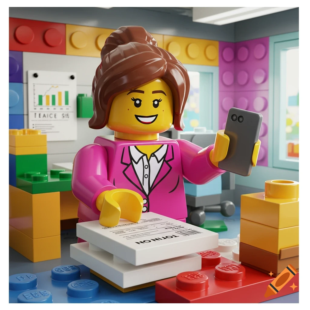 Lego minifigure lady in a pink suit holding a phone and a document in ...