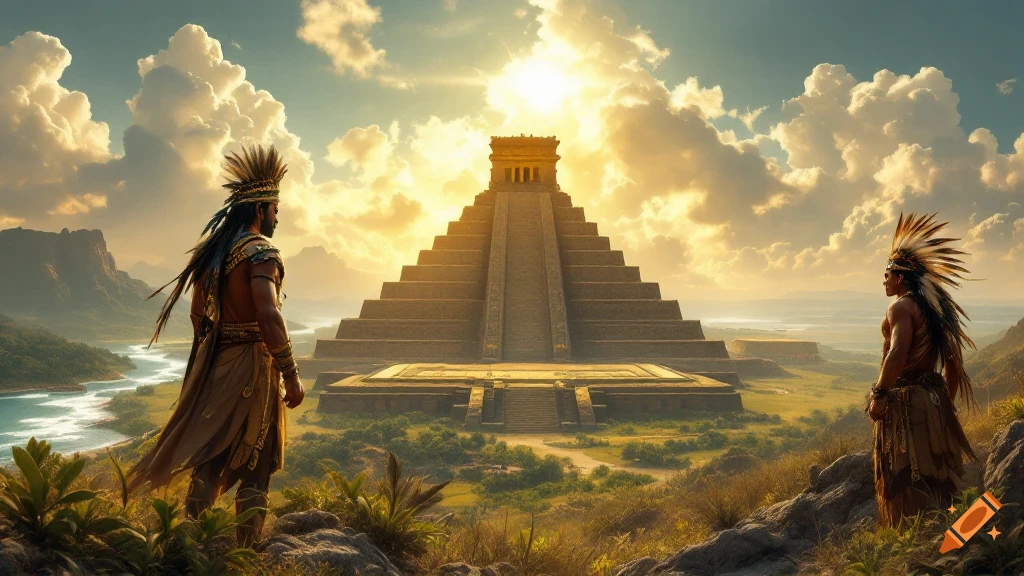 Two figures in tribal attire stand before a large ancient pyramid in a ...