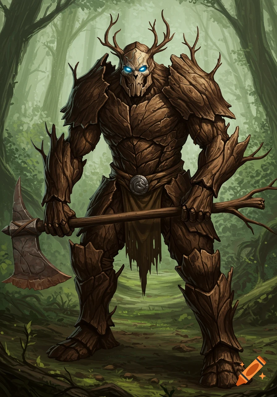 A large creature made of bark and wood with glowing eyes and antlers ...