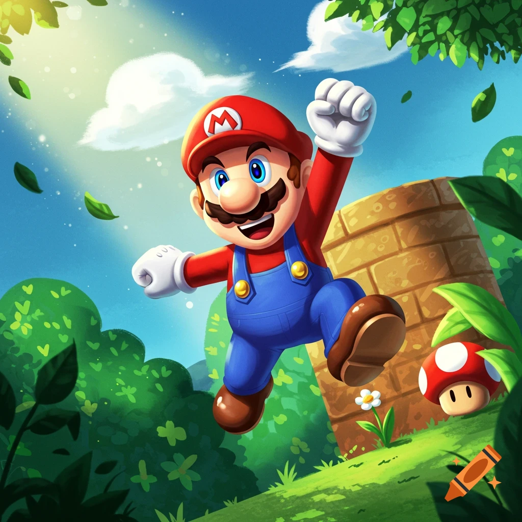 Mario jumps over a hill in a bright, illustrated landscape with trees ...