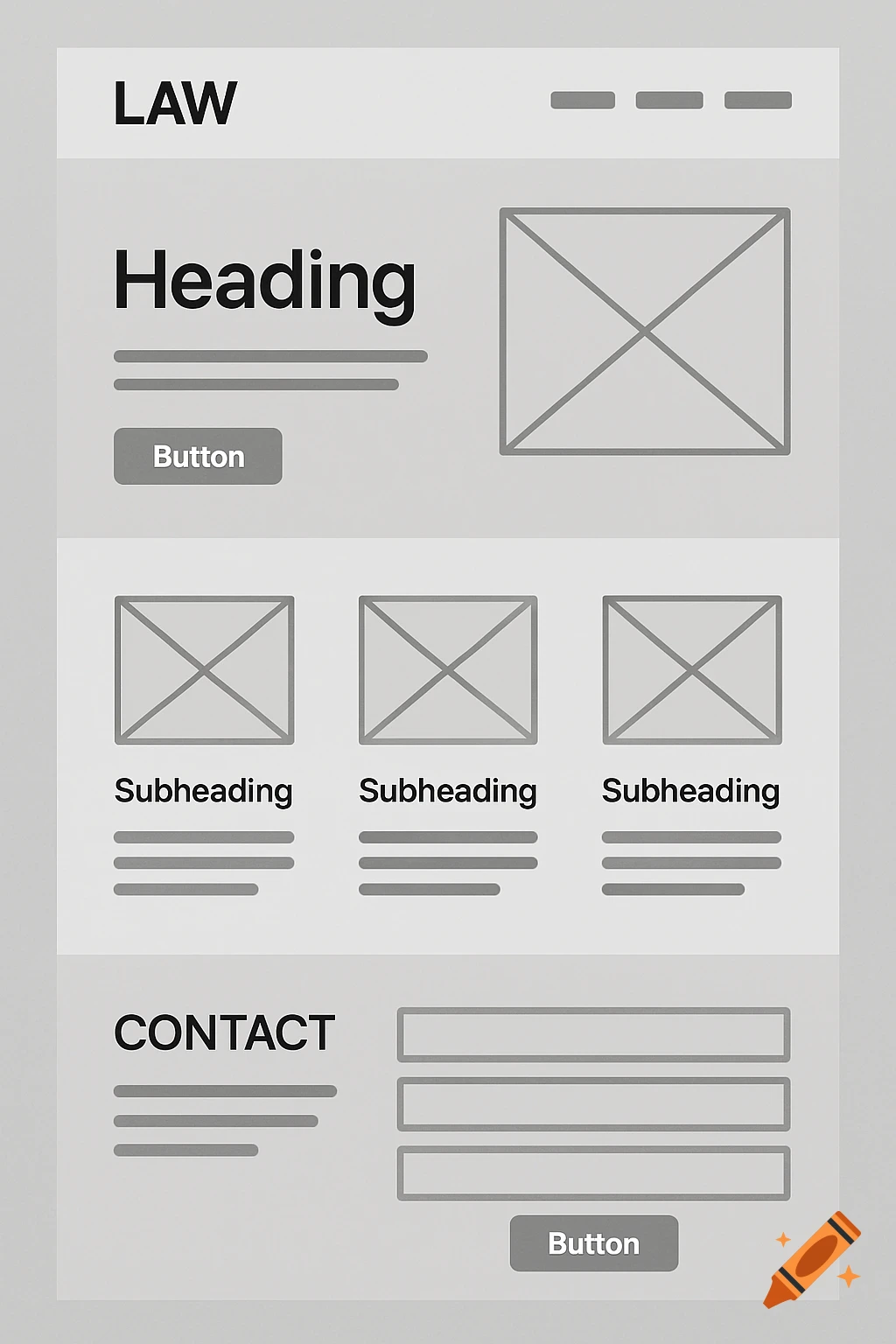 Grey-scale wireframe of a law website design on Craiyon