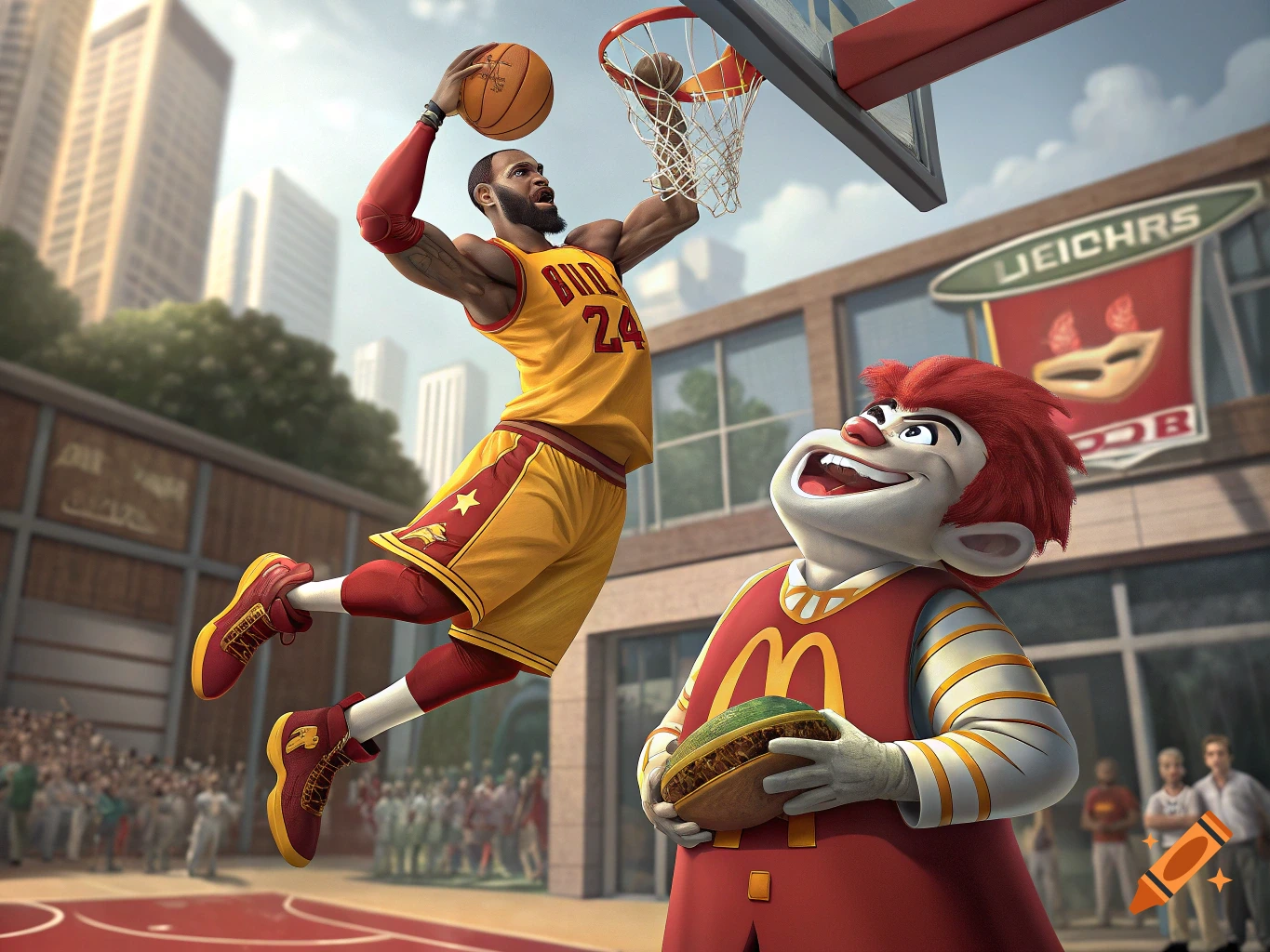 Cartoon LeBron James dunks a basketball over a smiling McDonald's ...