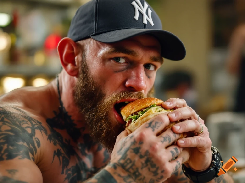 Close-up portrait of a man in a baseball cap eating a burger. on Craiyon