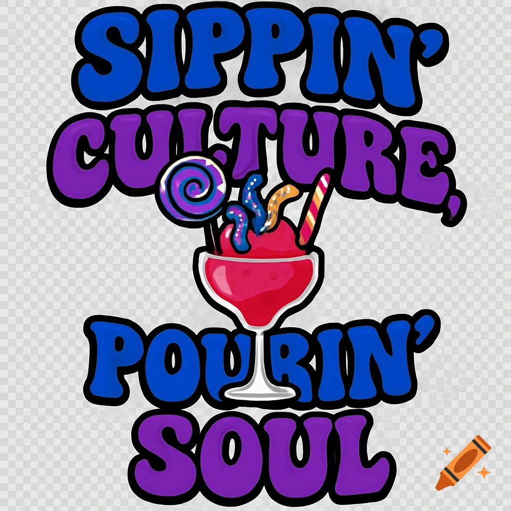 Graphic design with blue and purple bubble letters reading "Sippin ...