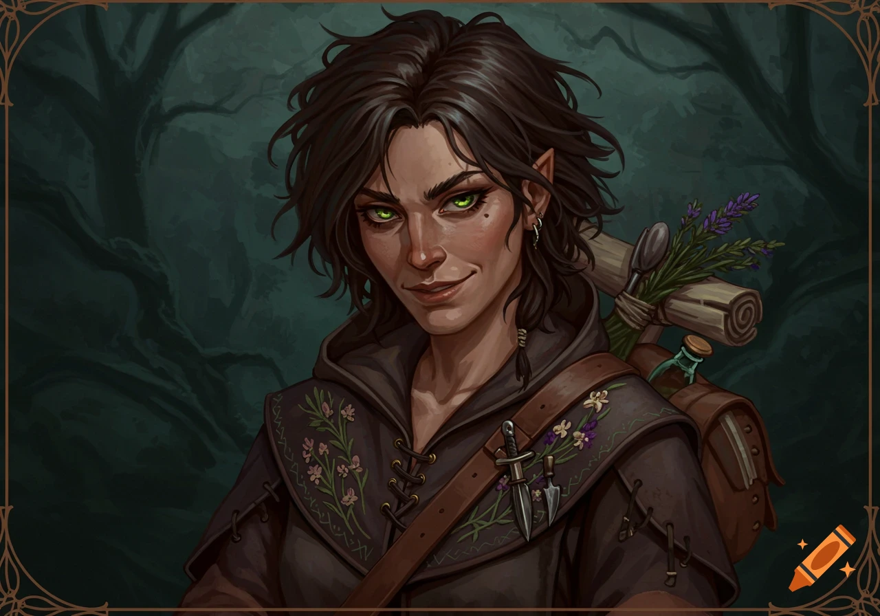 Portrait of a smirking herb witch character with dark hair, green eyes ...