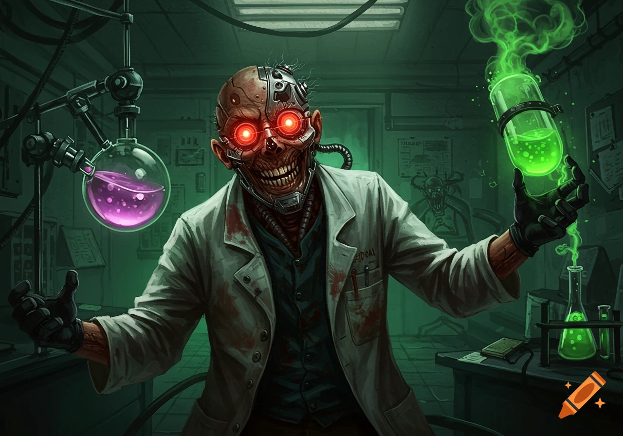 Cyborg mad scientist in a lab coat holding glowing beakers in a dark ...