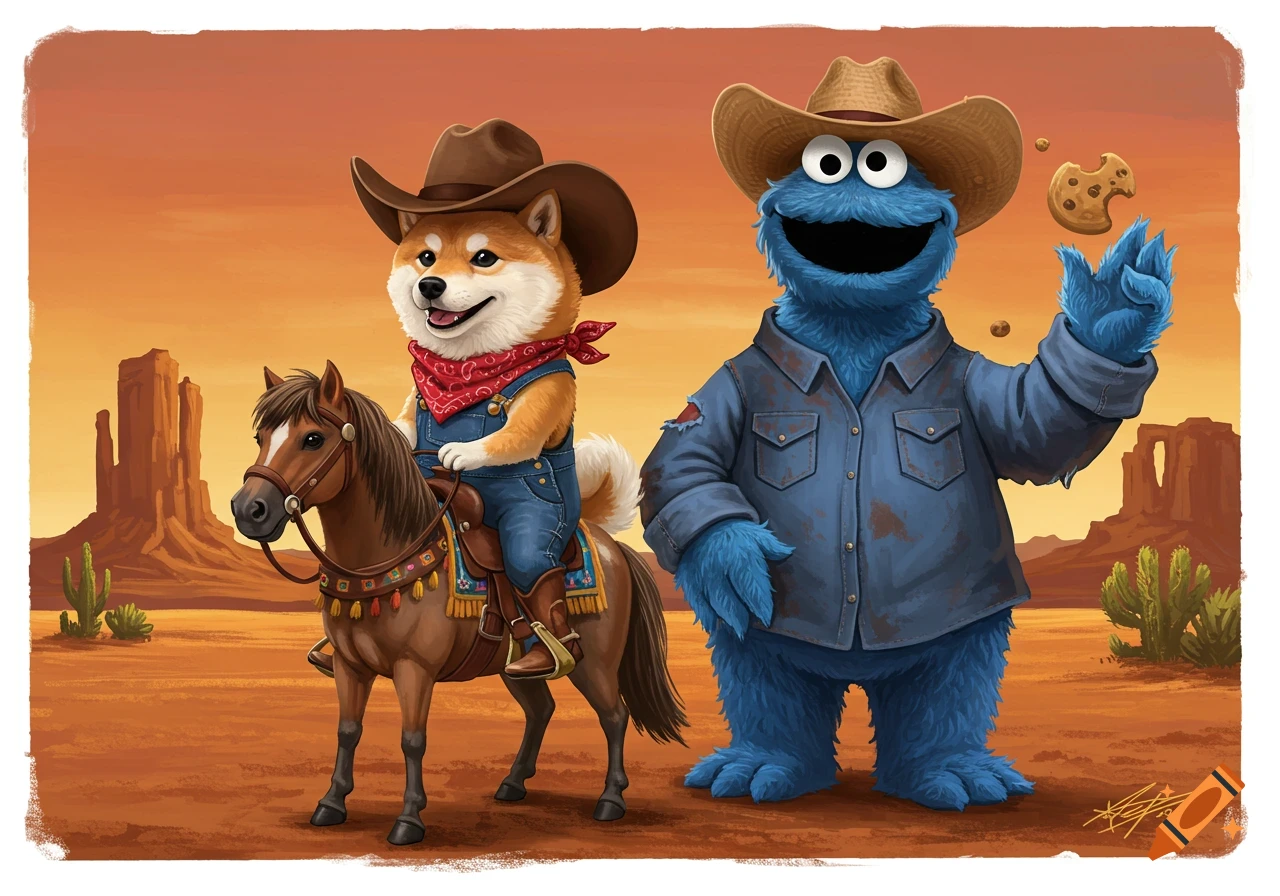 Shiba Inu on a horse and Cookie Monster, both dressed as cowboys, in a ...