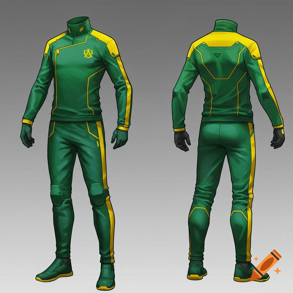 A green and yellow futuristic uniform design shown from the front and ...