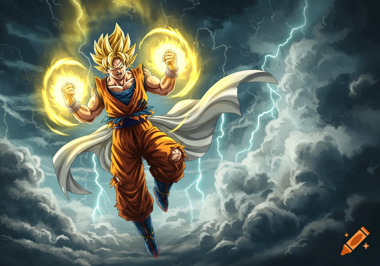 Super Saiyan Goku soaring through storm clouds, generating energy from ...