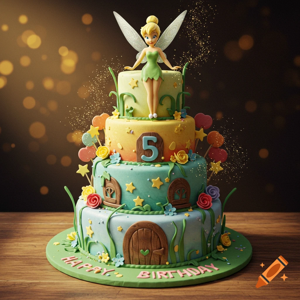 Three-tiered birthday cake decorated with a Tinkerbell figurine, fairy ...