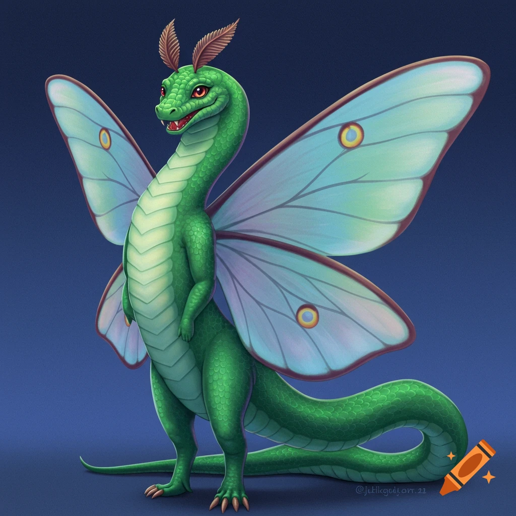 Anthropomorphic green dragon hybrid with moth wings and antennae. on ...