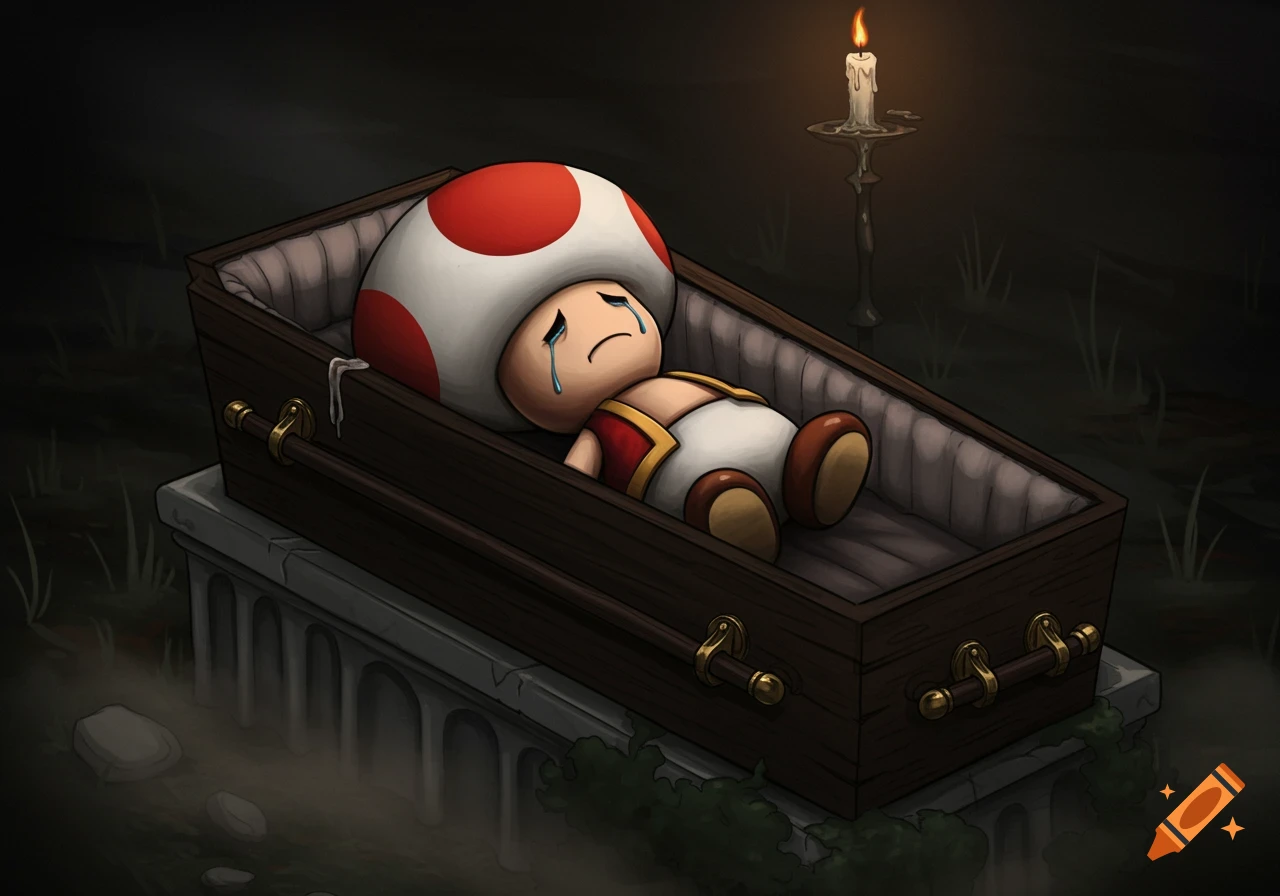 Cartoon character Toad from Super Mario lies crying in a coffin beside ...
