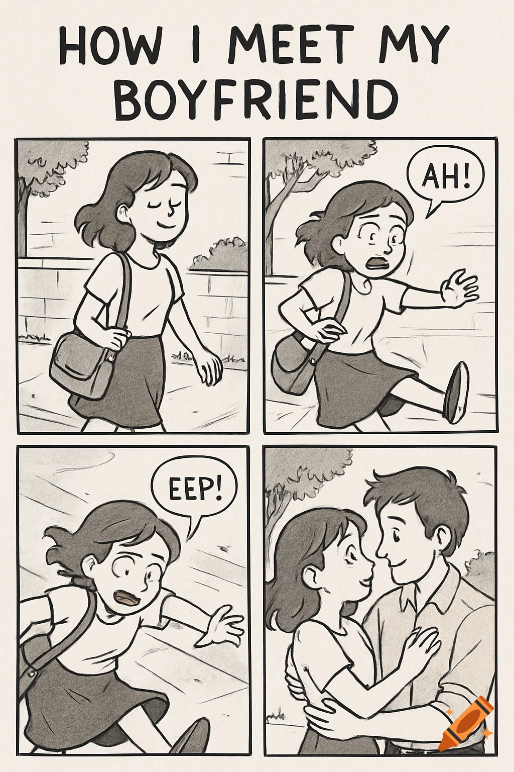 A four-panel comic strip. Panel 1: A girl walks. Panel 2: She trips and ...