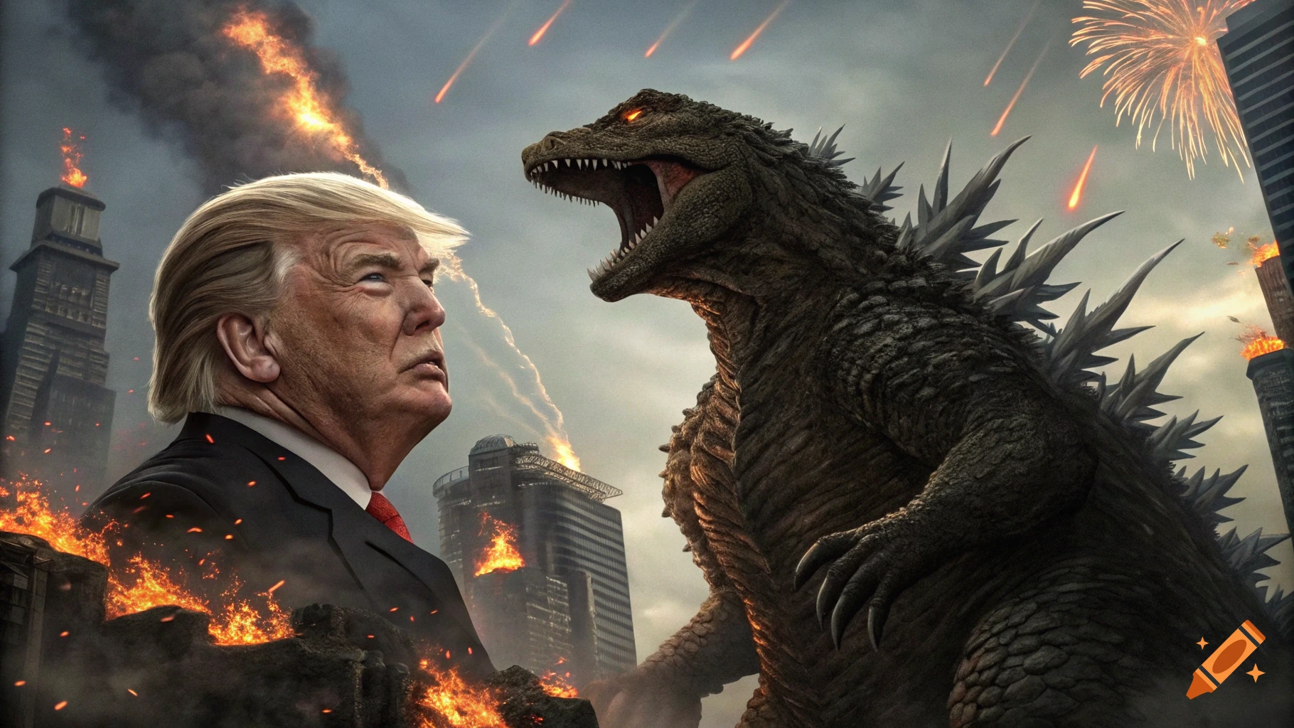 Donald Trump faces off against Godzilla in a burning city with meteors ...
