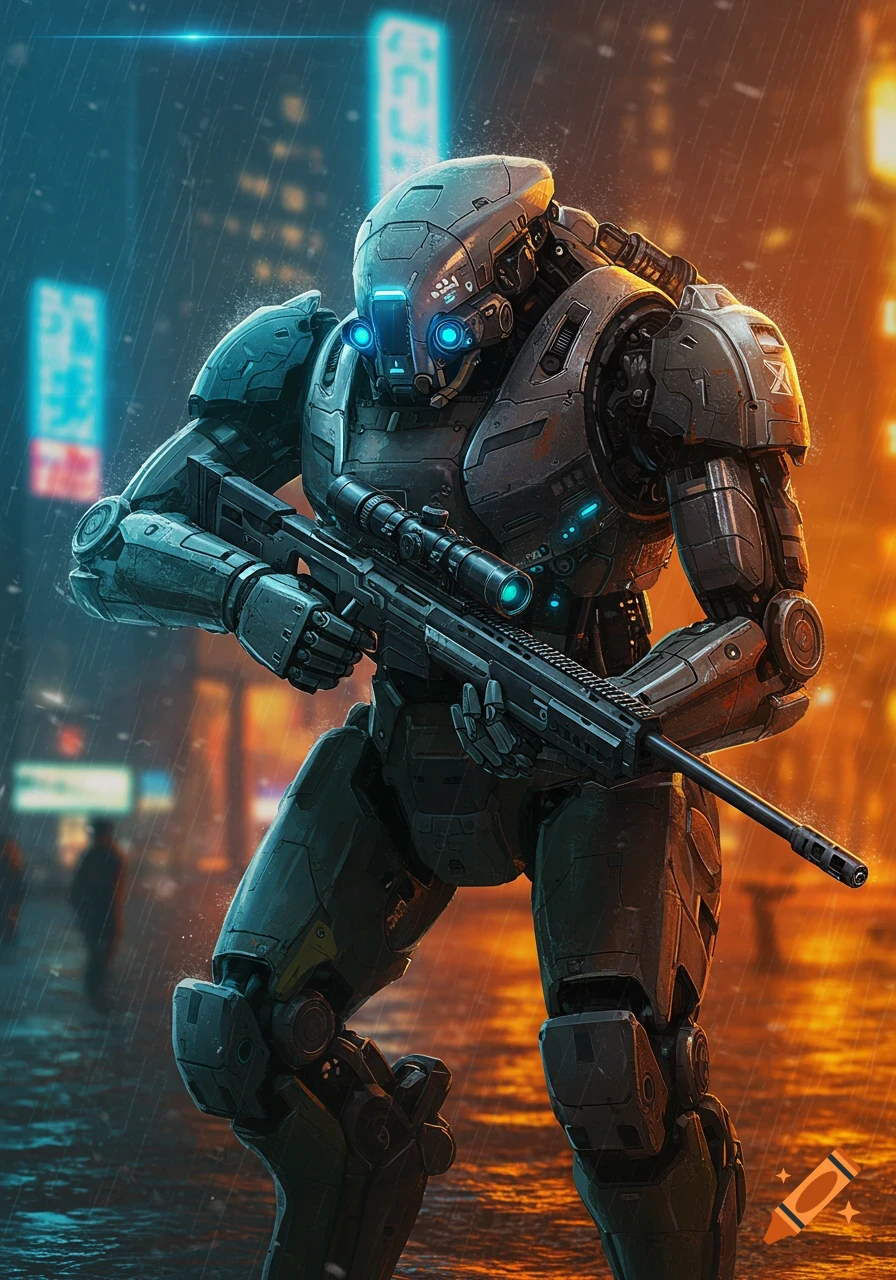 A robot holding a sniper rifle stands in a rainy, neon-lit futuristic ...