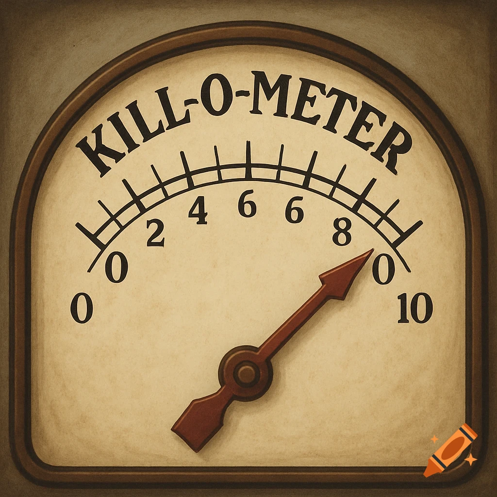 Vintage-style meter labeled KILL-O-METER with a needle pointing near 8 ...