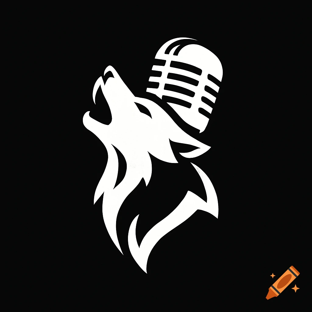 White logo of a wolf howling, transforming into a vintage microphone ...