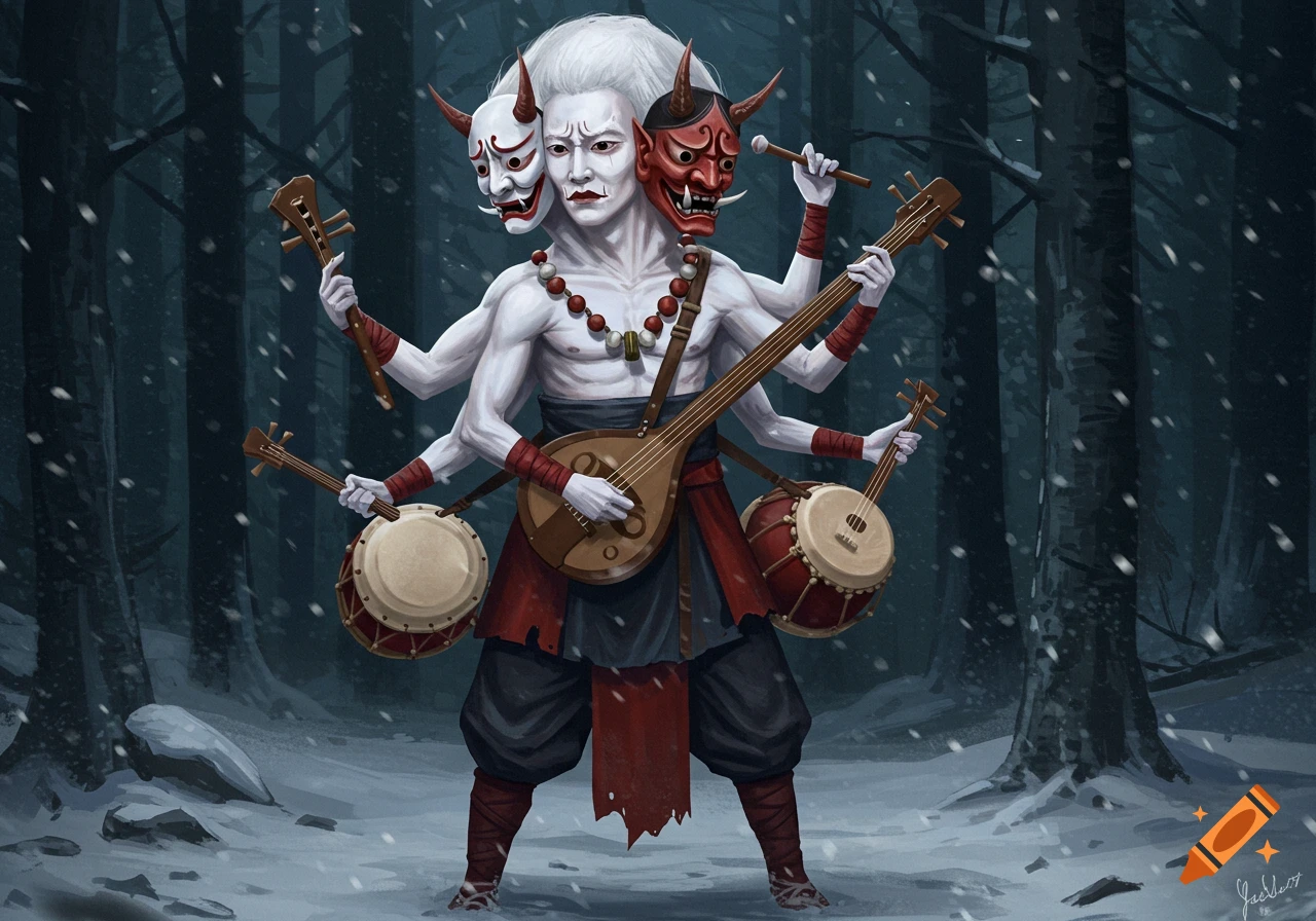 A multi-armed creature with two faces and oni masks plays instruments ...