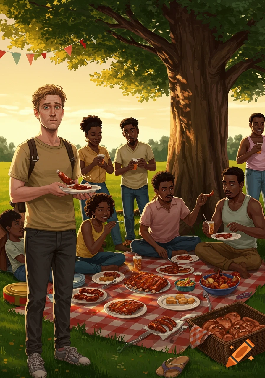 Illustration of a group of people, including a white man, having a ...