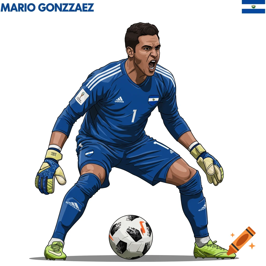 Illustration of a soccer goalkeeper in blue uniform, crouching with a ...