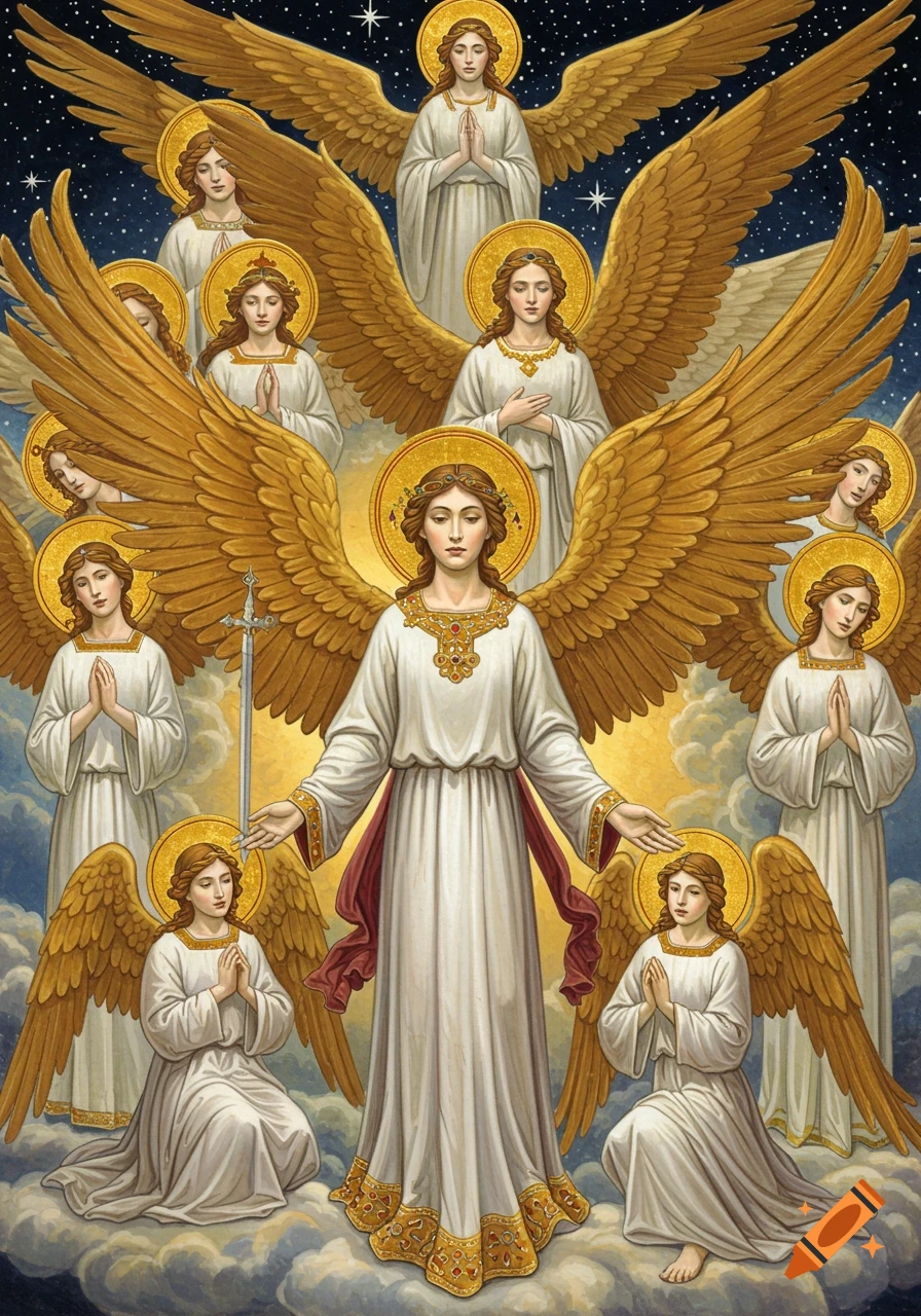 Multiple angels with golden wings and halos stand and kneel on clouds ...