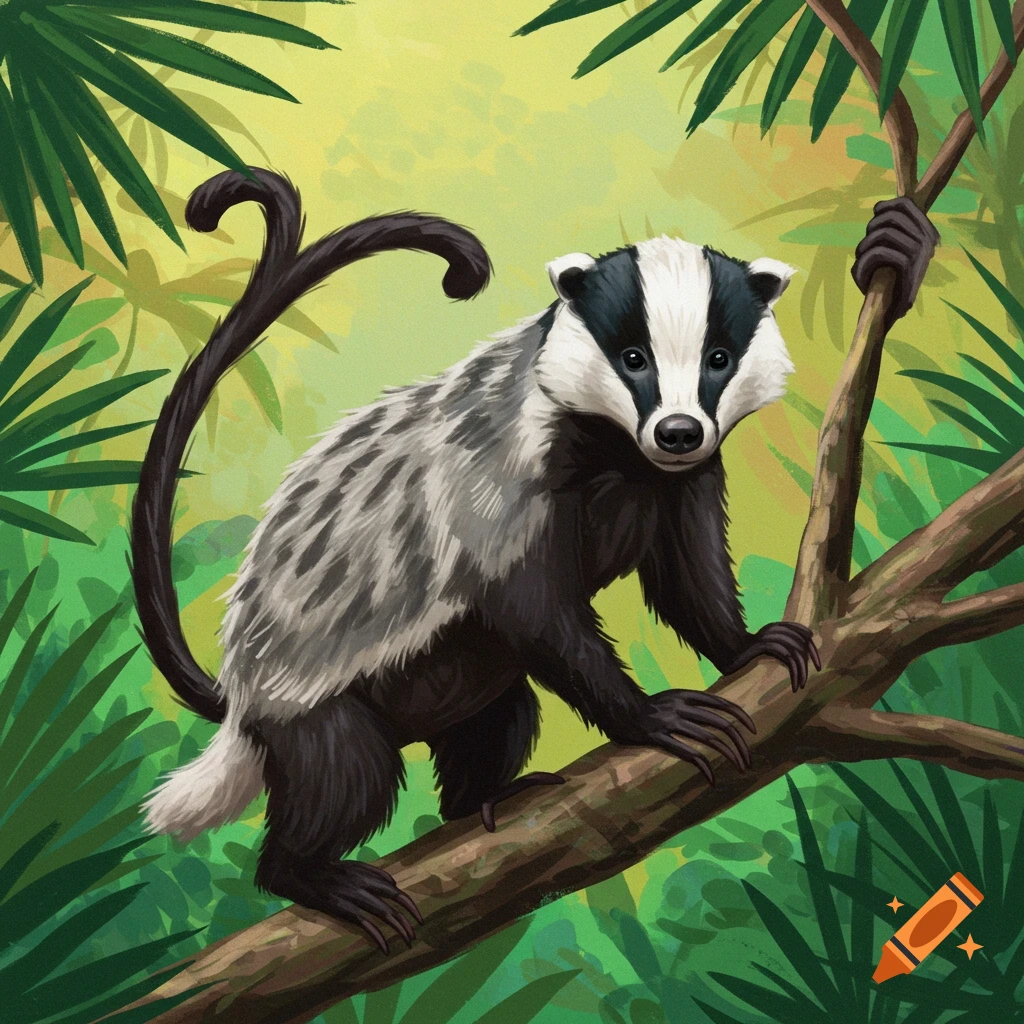Illustration of a badger with a monkey tail and hands climbing a tree ...