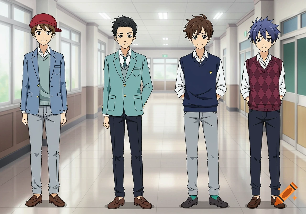 Four anime-style teenage boys in preppy clothes stand in a school ...