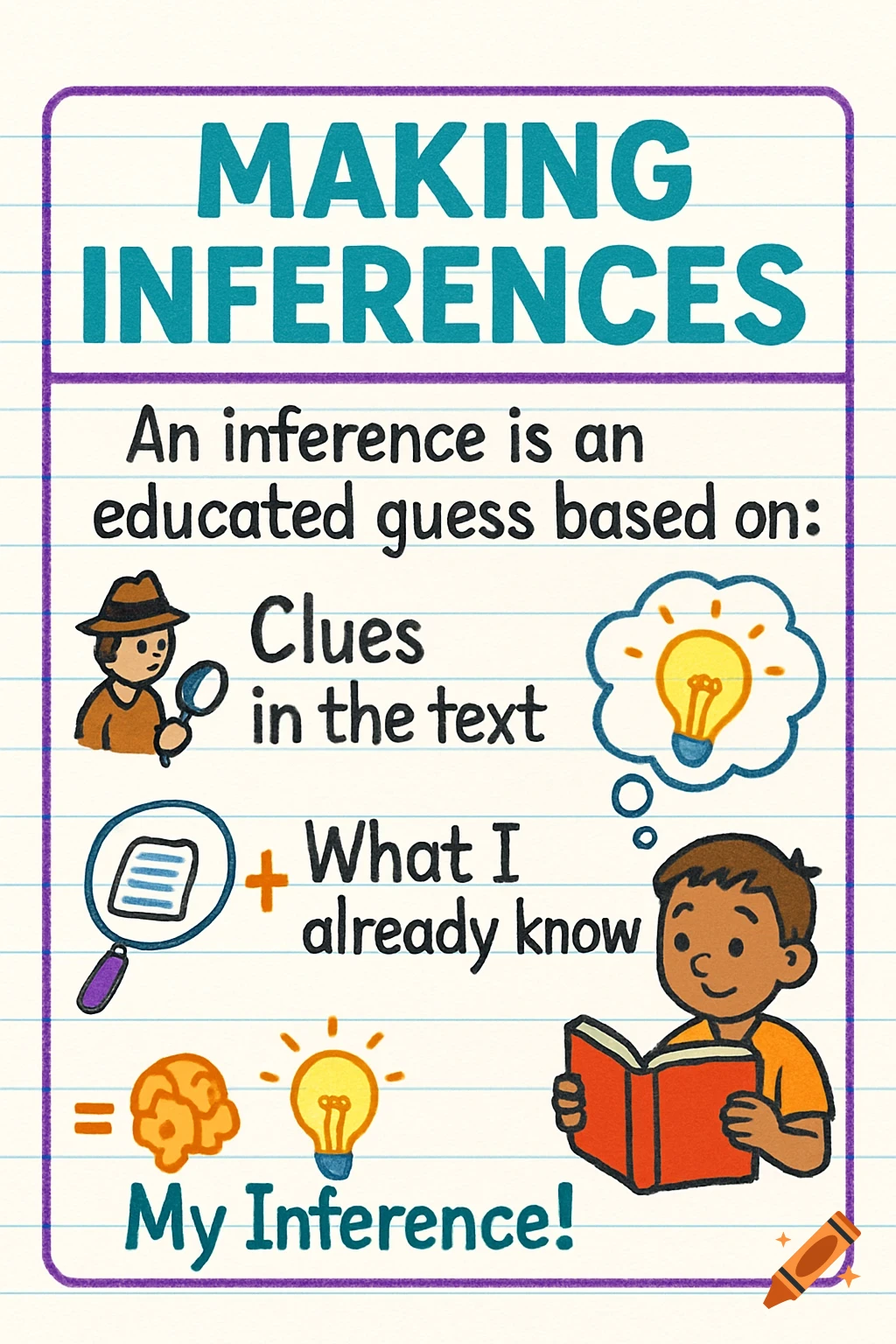 Educational chart on making inferences with cartoon illustrations and ...