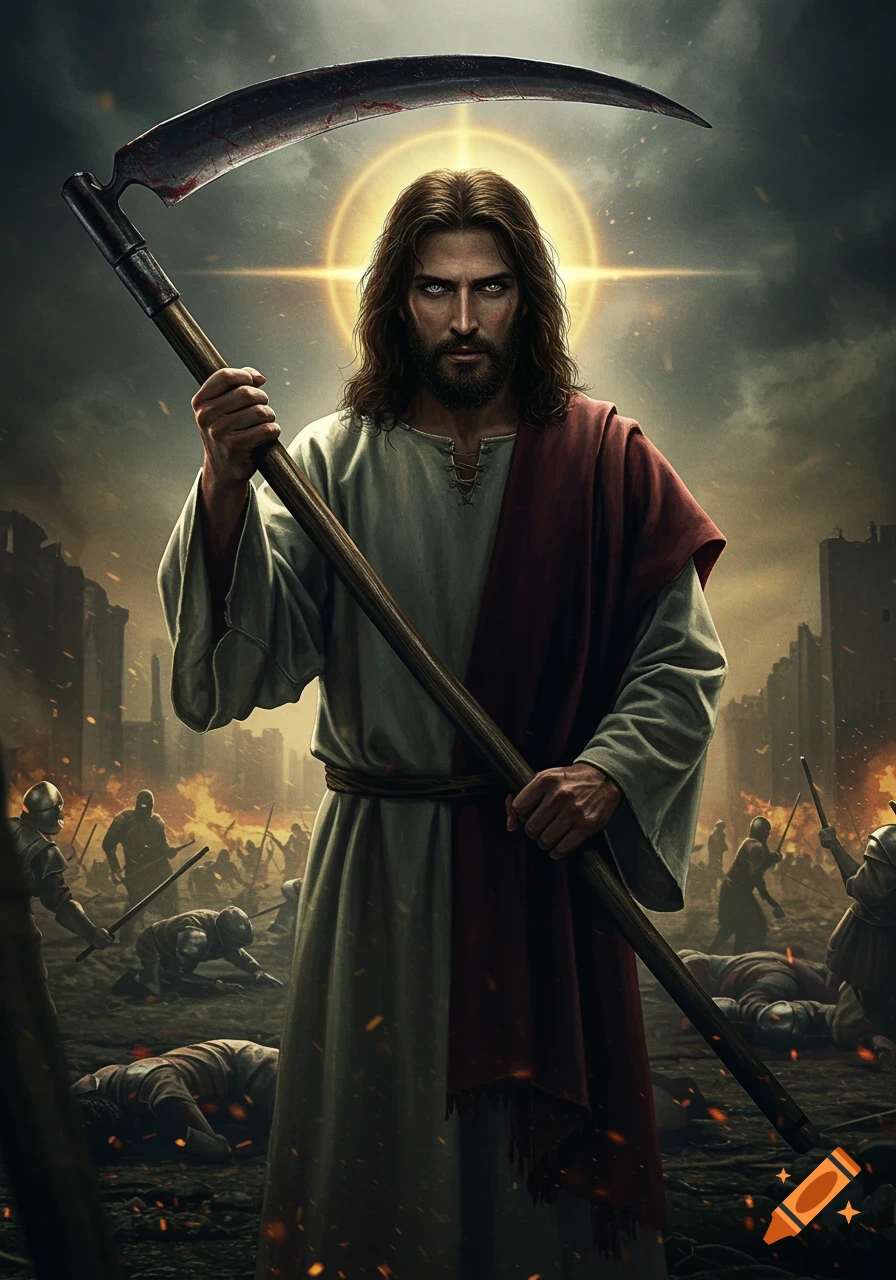 Jesus holding a scythe stands in a chaotic battle scene with fallen ...