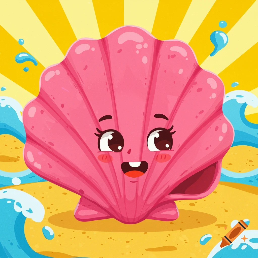 Cartoon pink seashell on a beach with sun rays and waves on Craiyon