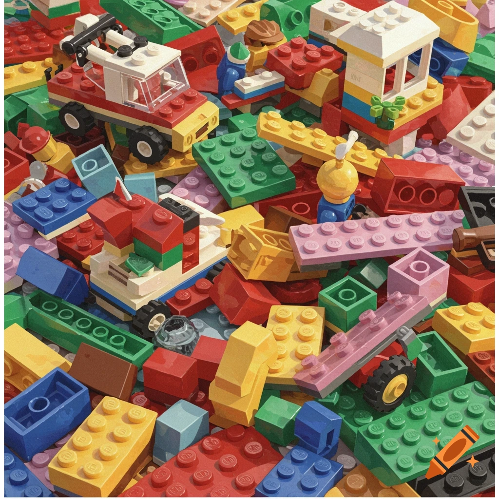 Pile of colorful LEGO bricks and constructions including vehicles and ...