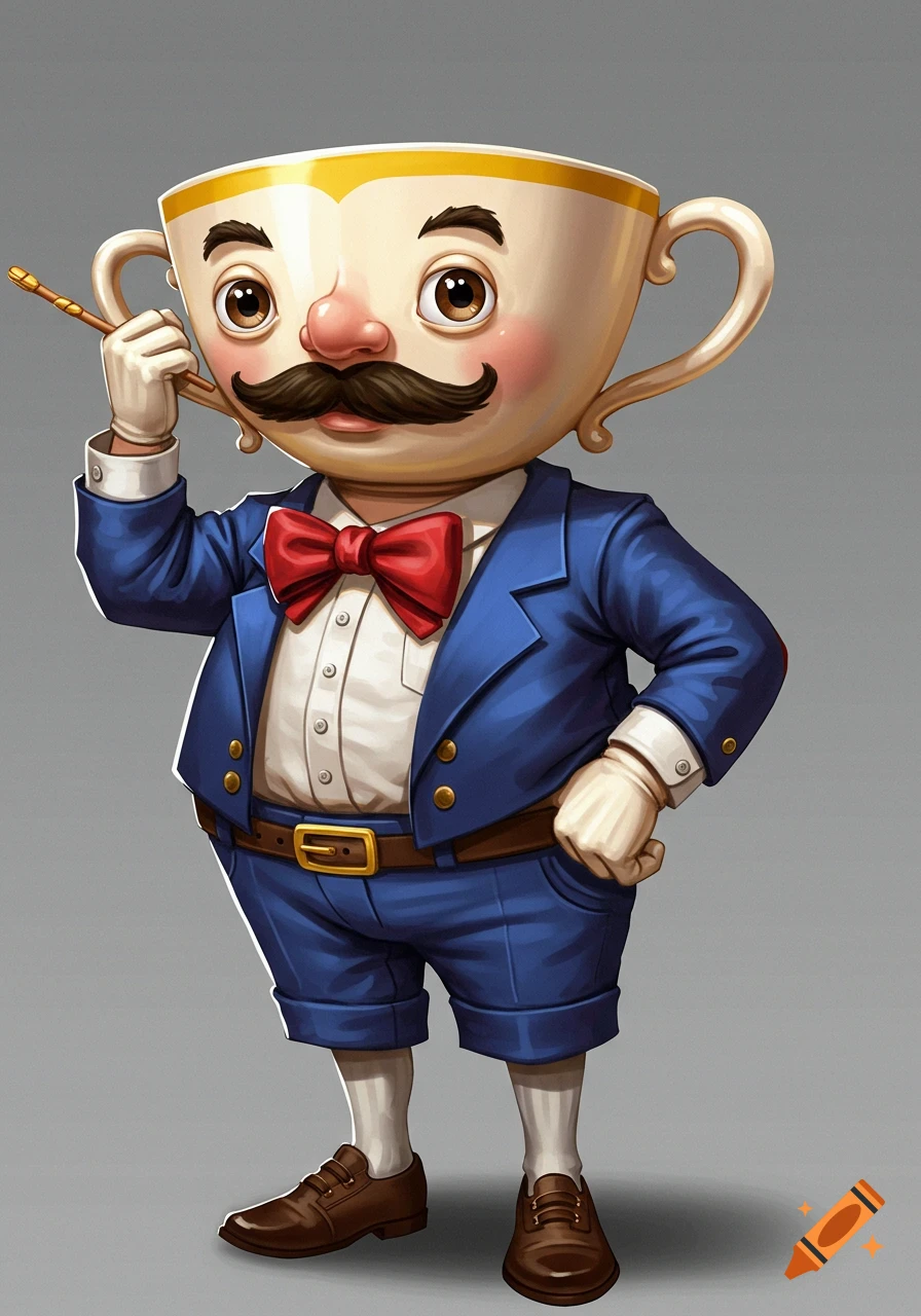 Cartoon character with a teacup for a head wearing a blue suit and red ...