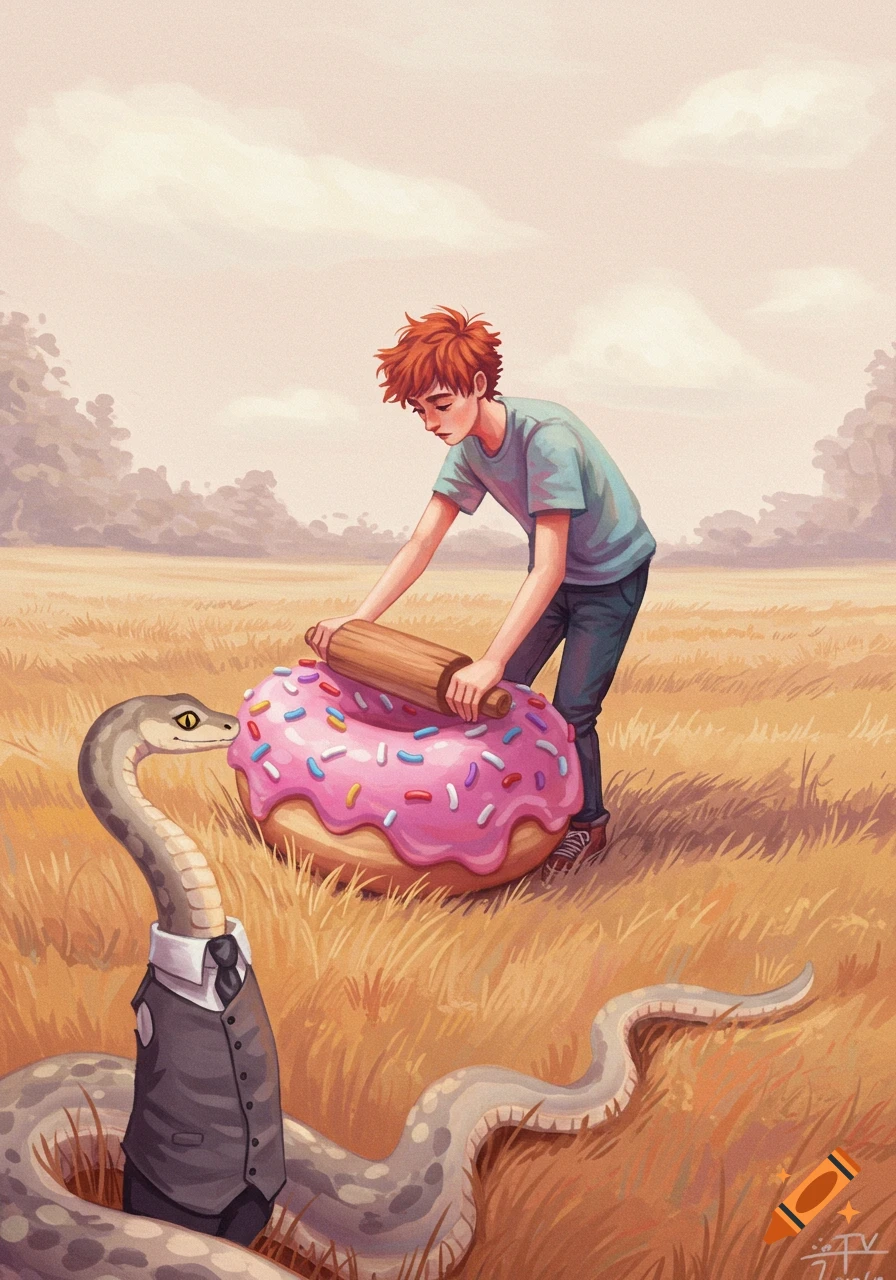 An illustration of a boy rolling a giant pink donut in a field while a ...