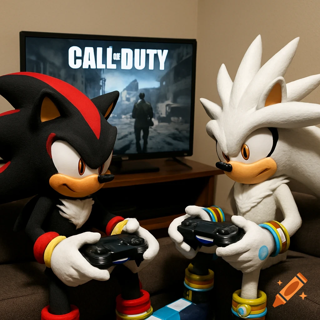 Shadow and Silver the Hedgehog playing Call of Duty on a TV screen on Craiyon