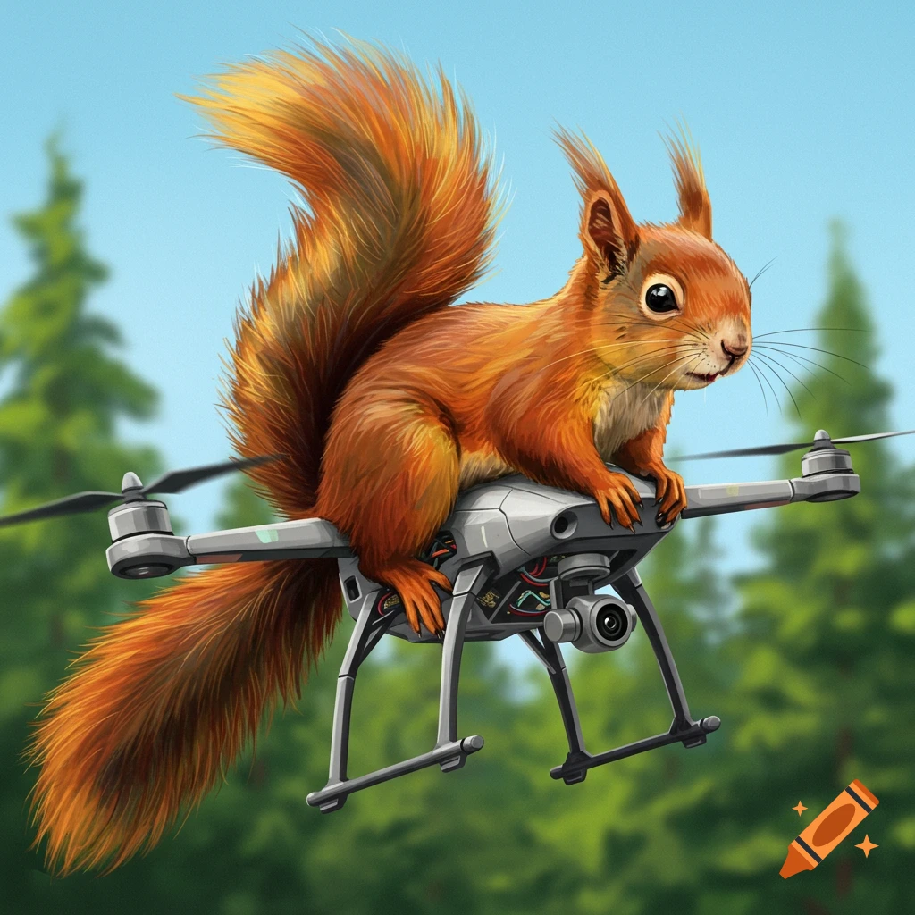 An illustrated squirrel rides on top of a drone. on Craiyon