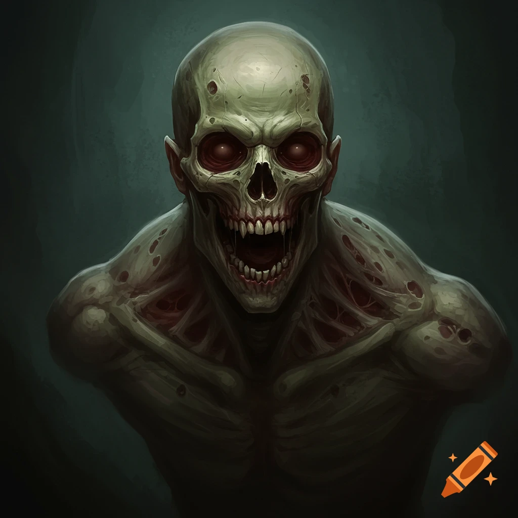 Close-up painting of a terrifying ghoul with a skull face, red eyes ...